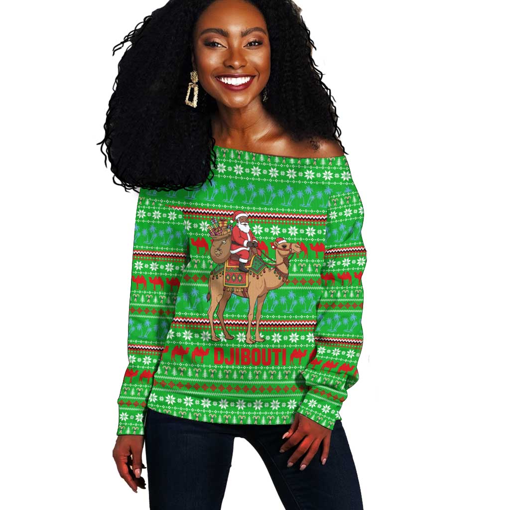 Djibouti Christmas Off Shoulder Sweater Santa Riding Camel Palm Trees ...