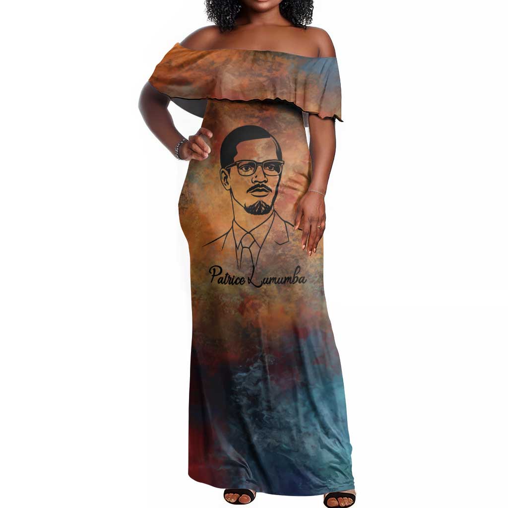 Patrice Lumumba Off Shoulder Maxi Dress with Line Art Portrait and ...