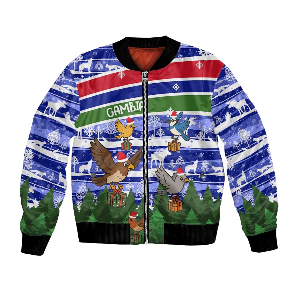 Gambia Christmas Bomber Jacket Santa Birds Gift Boxes Forest Scene and ...