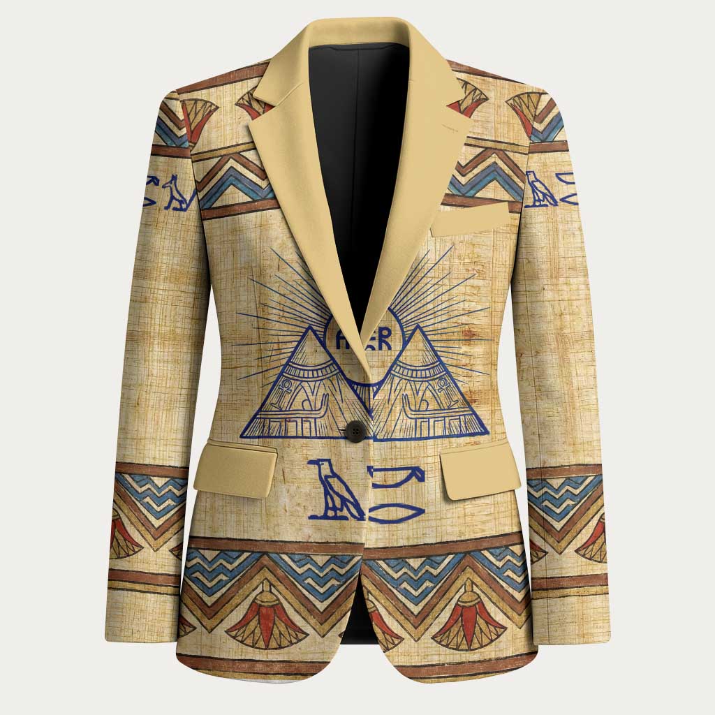 Aker Ancient Egyptian Blazer with Hieroglyphic Pattern, Pyramid Symbol ...