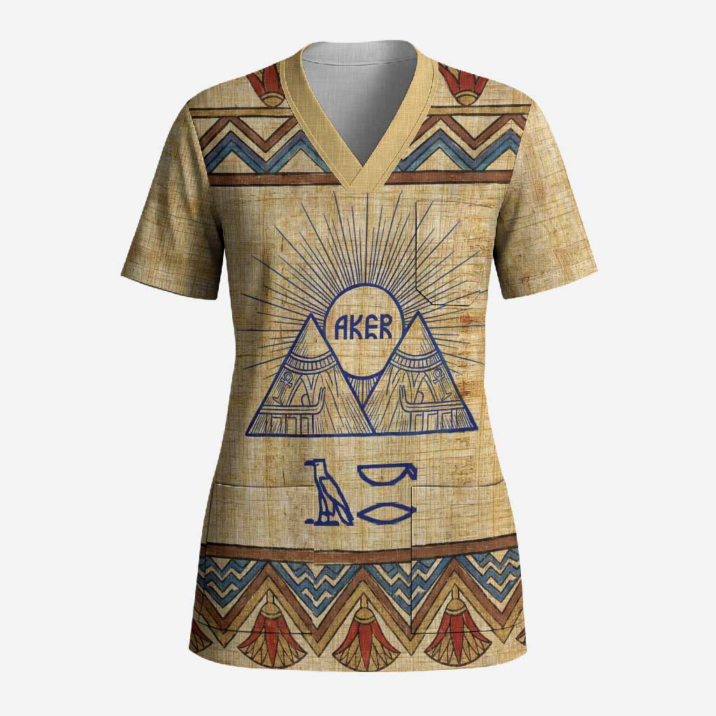 Aker Ancient Egyptian Scrub Top with Hieroglyphic Pattern, Pyramid ...