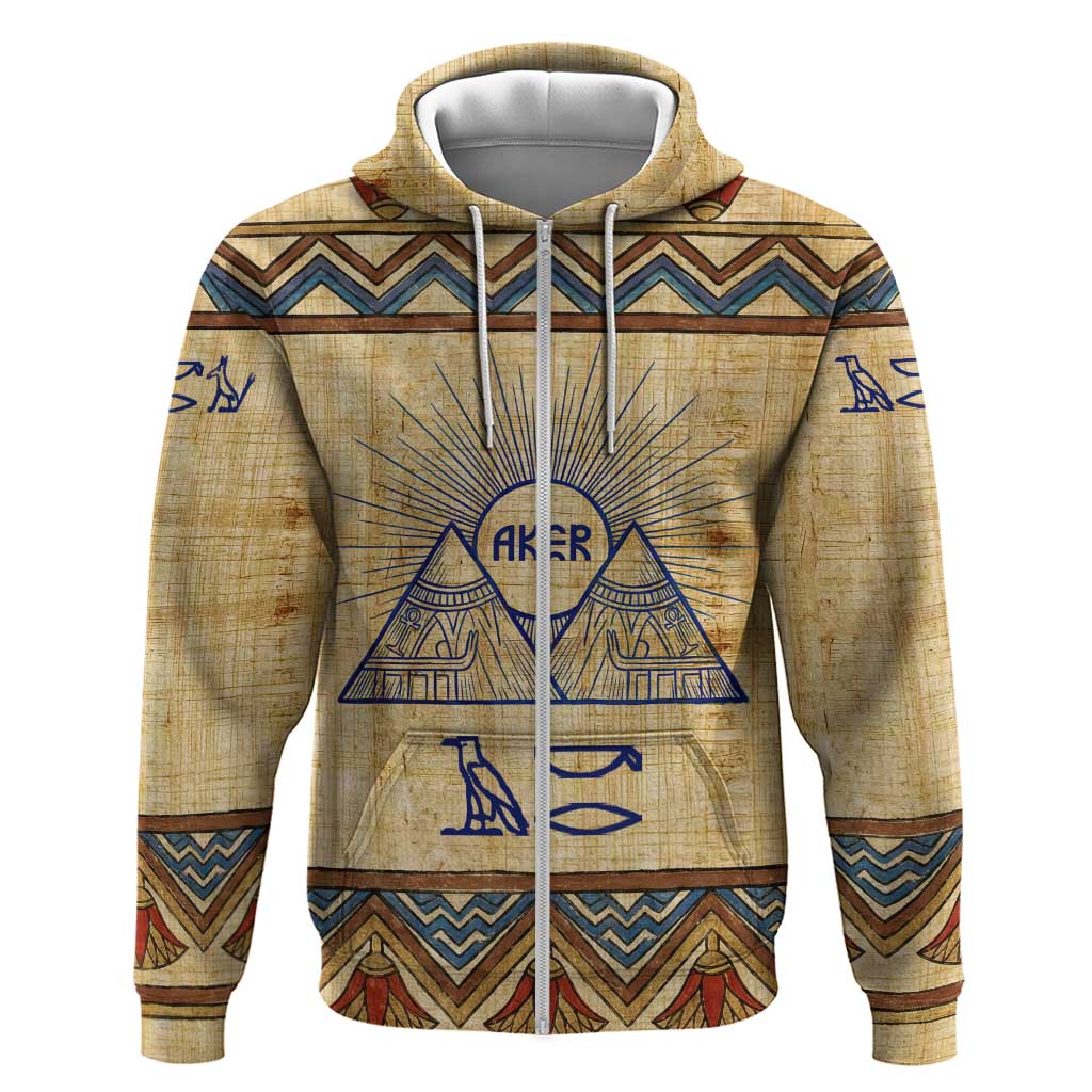 Aker Ancient Egyptian Zip Hoodie with Hieroglyphic Pattern, Pyramid ...