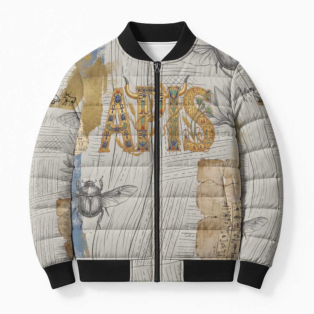 Apis Ancient Egyptian Bomber Puffer Jacket with Beige-Gray Hieroglyphic ...