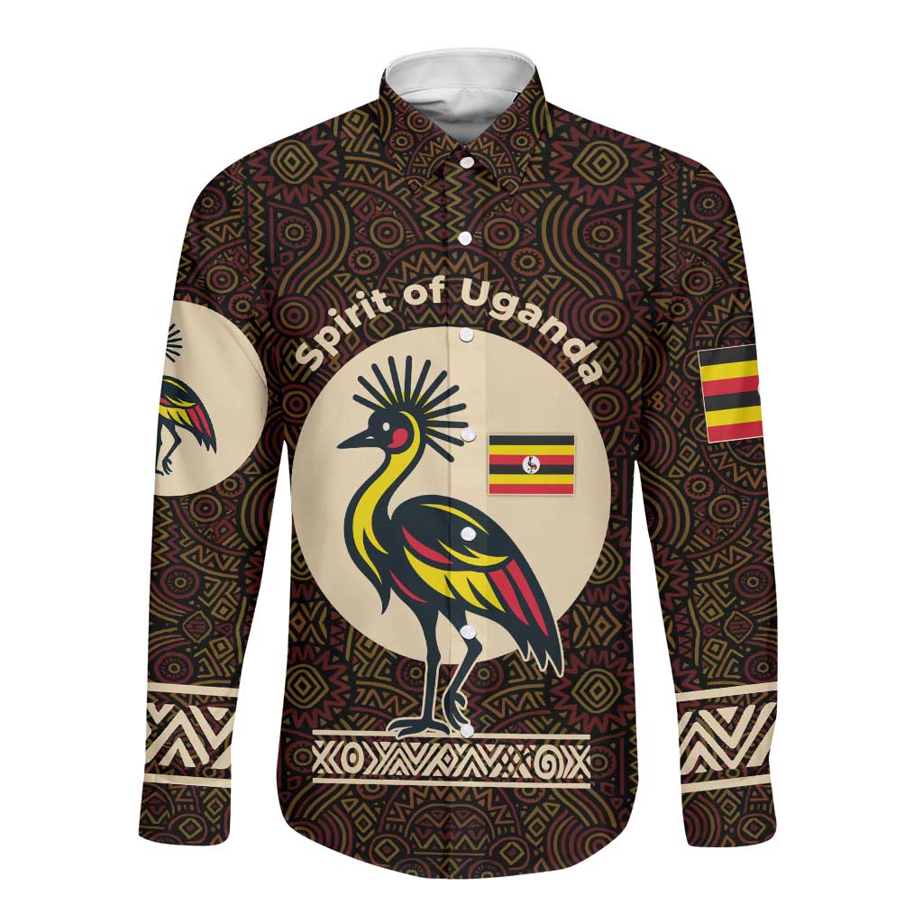 Uganda Long Sleeve Button Shirt - Grey Crowned Crane and Tribal Pattern ...