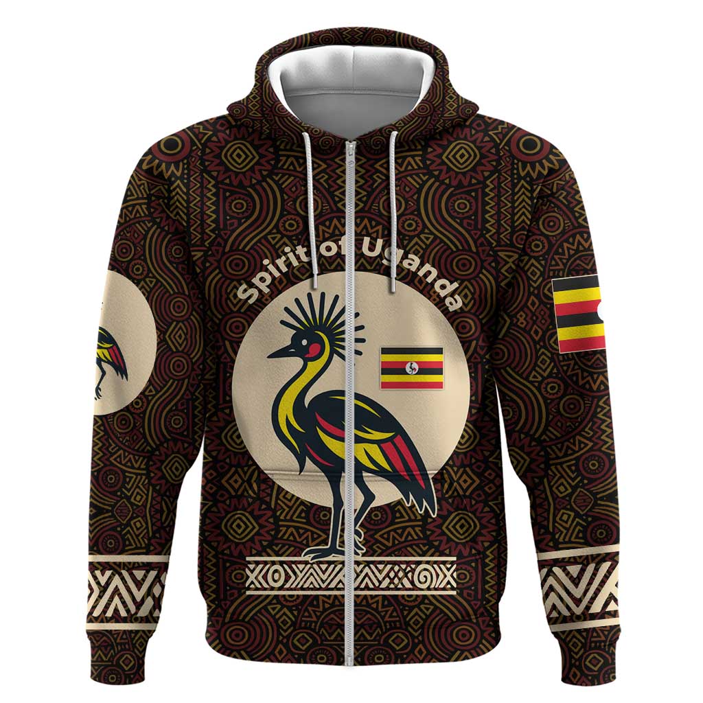Uganda Zip Hoodie - Grey Crowned Crane and Tribal Pattern Spirit of ...