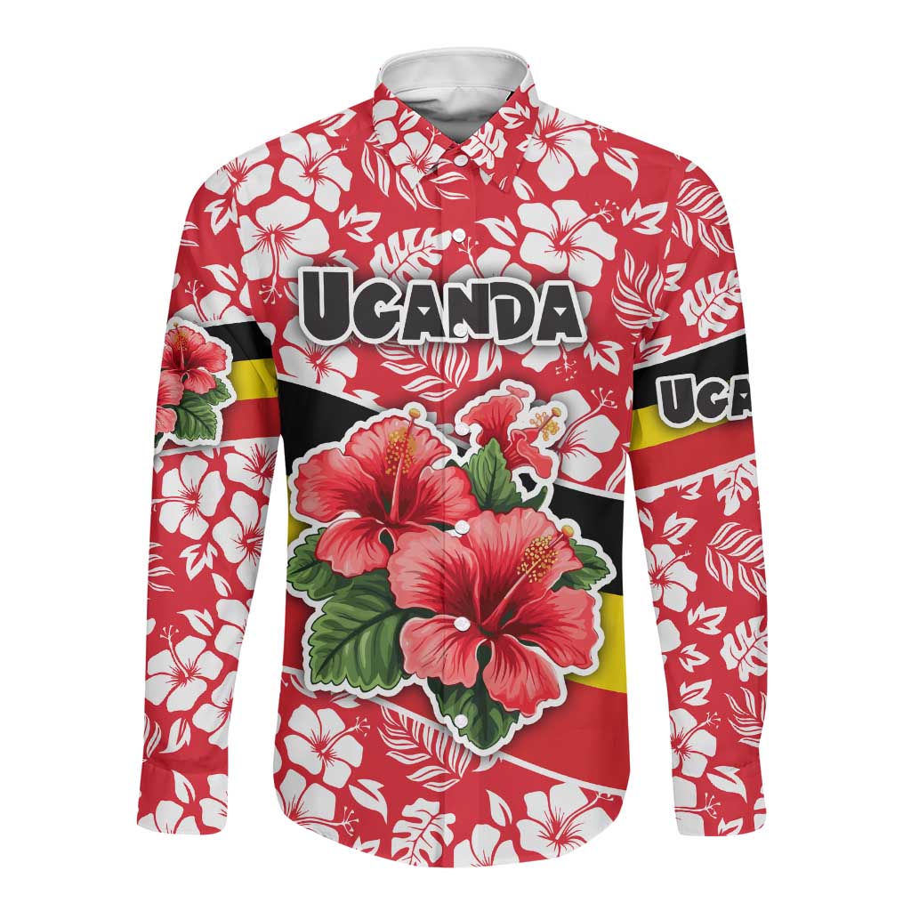 Uganda Long Sleeve Button Shirt - Red Hibiscus Flowers and National ...