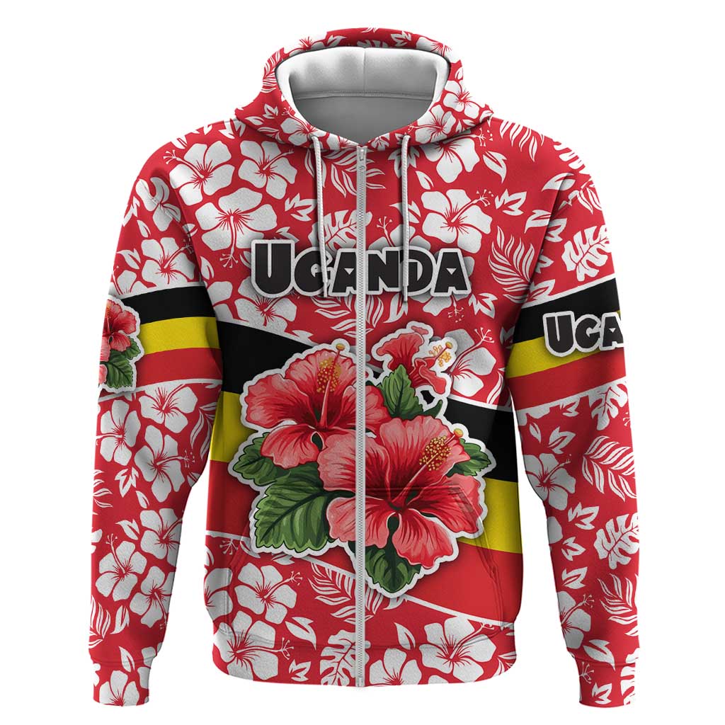 Uganda Zip Hoodie - Red Hibiscus Flowers and National Flag Design by ...