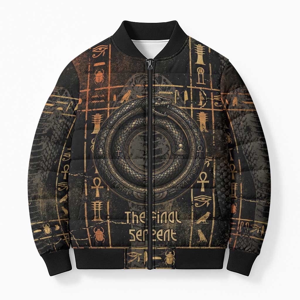 Atum Ancient Egyptian Bomber Puffer Jacket with Dark Hieroglyph Grid ...
