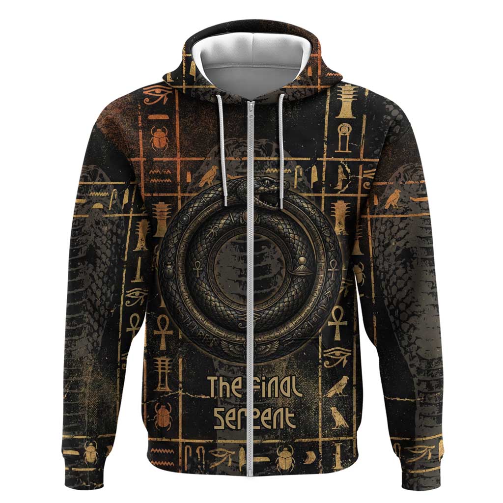 Atum Ancient Egyptian Zip Hoodie with Dark Hieroglyph Grid, Ouroboros ...