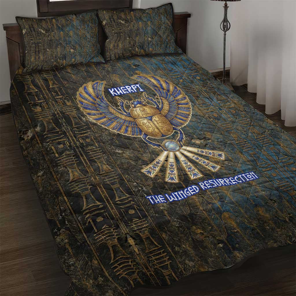 Khepri Ancient Egyptian Quilt Bed Set Dark Hieroglyphic, Blue Lotus Eye ...