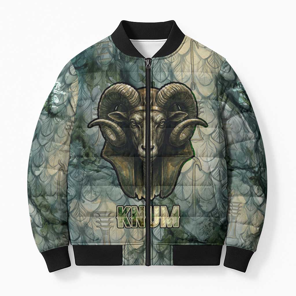 Khnum Ancient Egyptian Bomber Puffer Jacket with Smoky Leaf, Ram Head ...